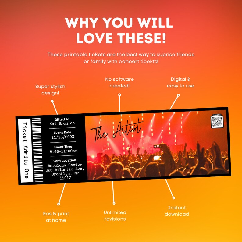 Concert Ticket Template | Editable Concert Ticket Gift | Custom Event ...