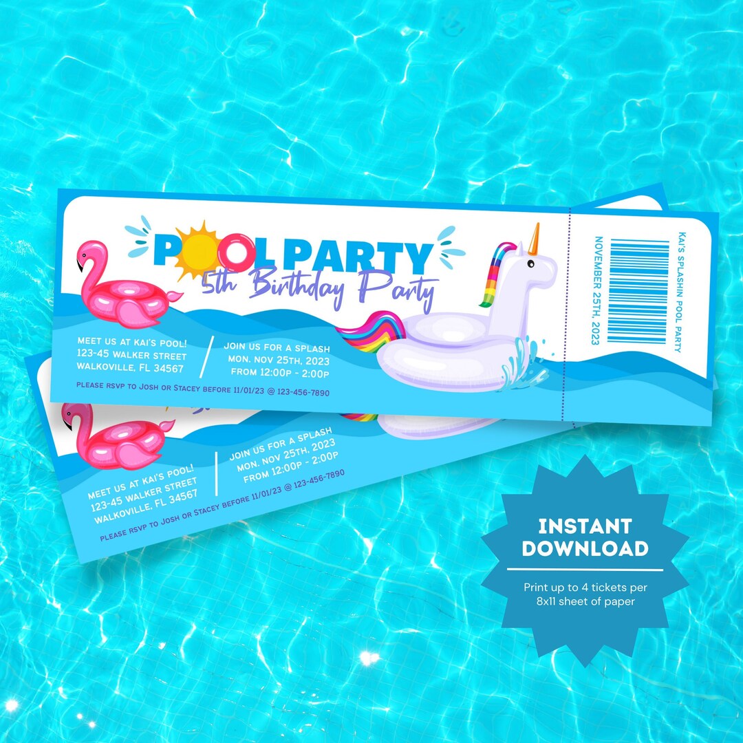 Unicorn Pool Party Birthday Ticket Invitation Pool Party Invite Pool ...