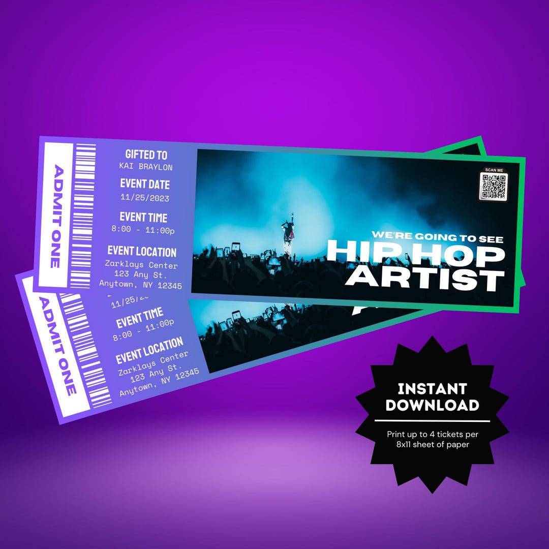 Blue Hip Hop Concert Ticket Template | Editable Music Event Ticket Gift ...