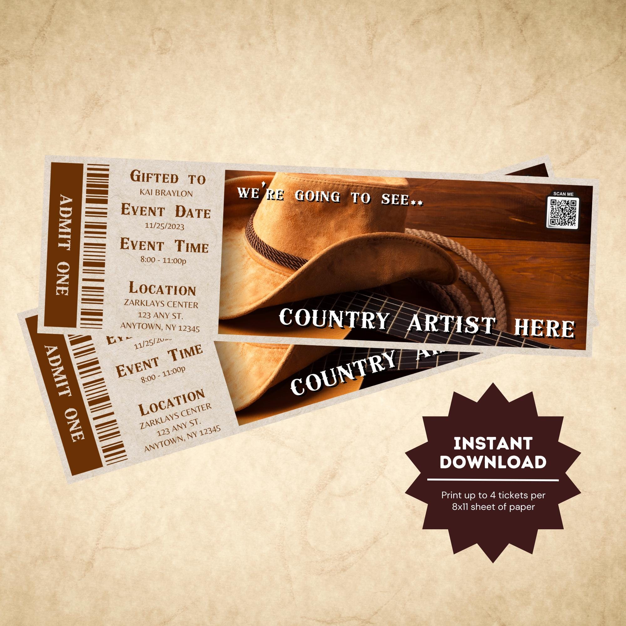 Country Concert Ticket Template | Editable Western Concert Ticket Gift ...