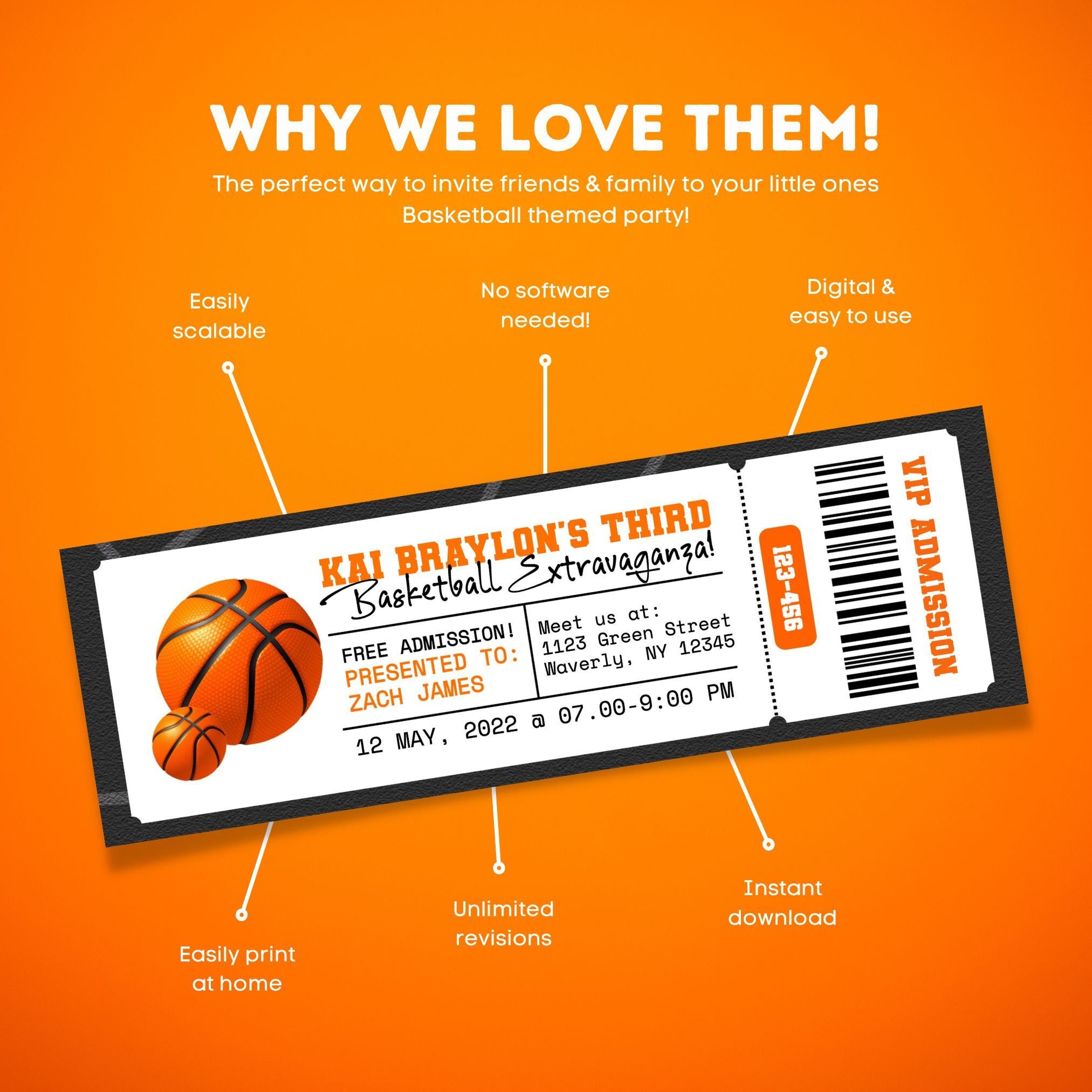 Basketball Birthday Party Ticket Invitation Horizontal Basketball ...