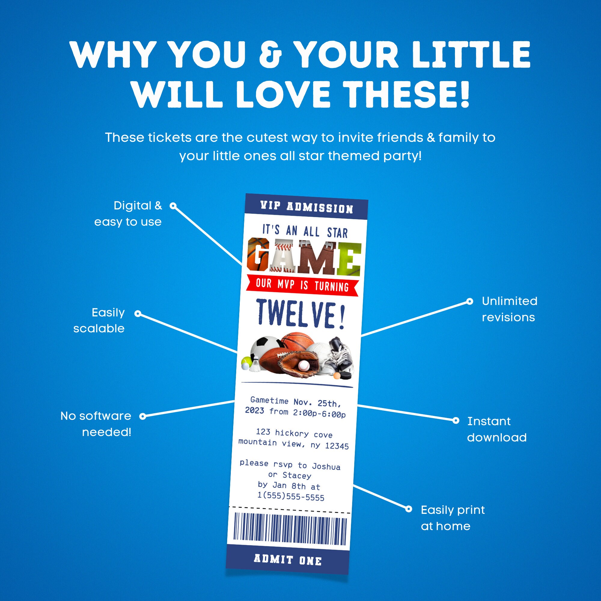All Star Sports Ticket Birthday Invitation | All Star Ticket Invite ...
