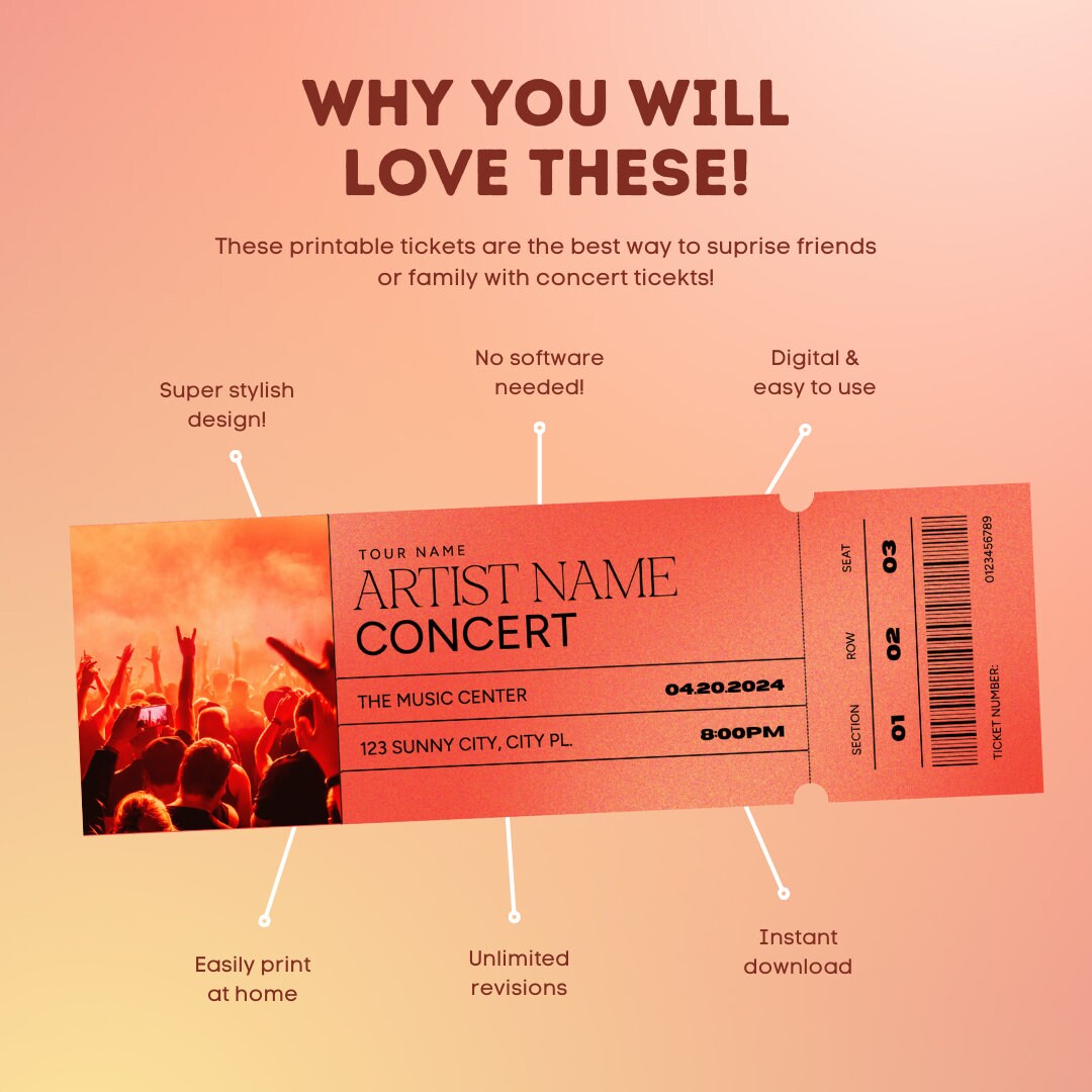 Surprise Ticket Stub | Concert Ticket Template | Editable Concert ...