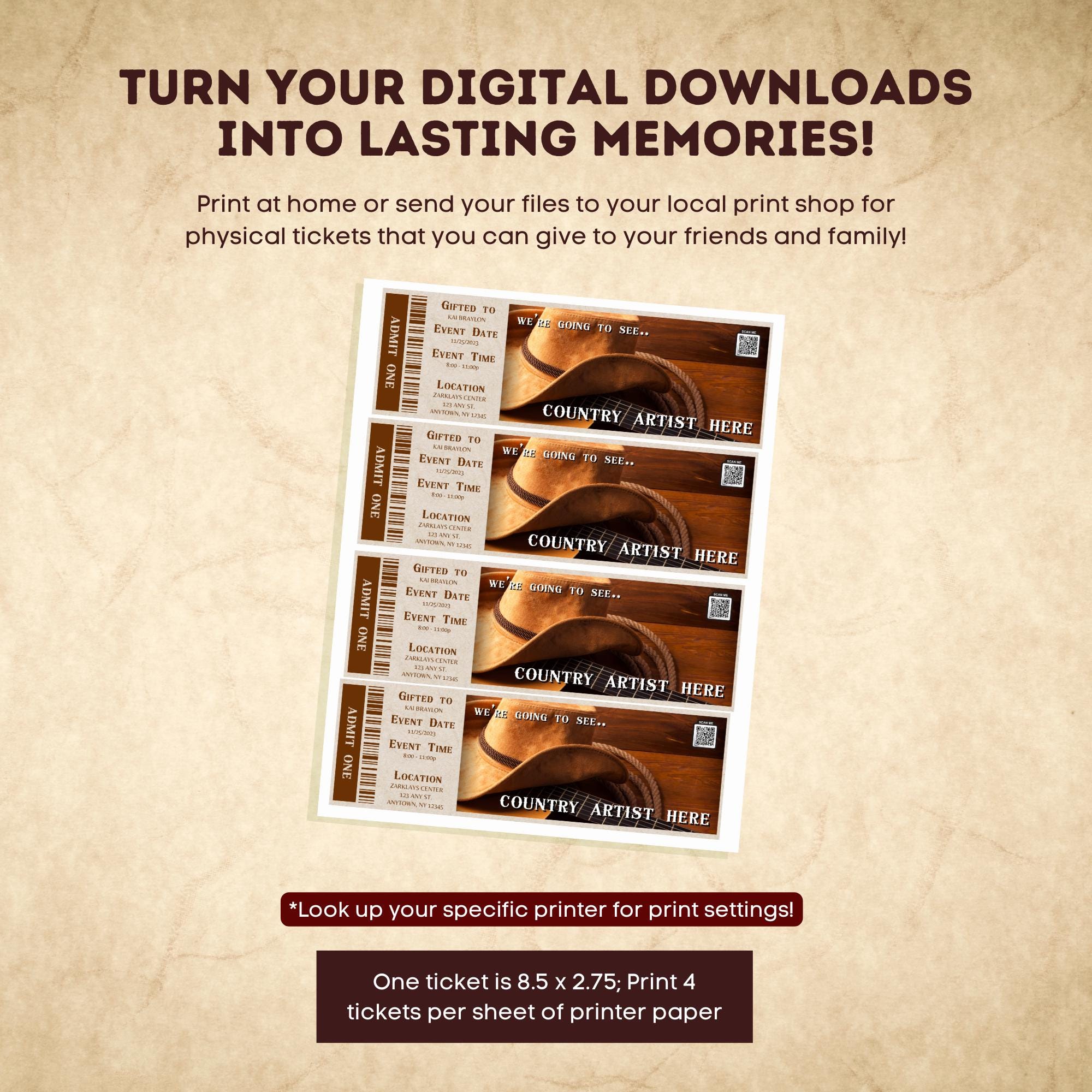 Country Concert Ticket Template | Editable Western Concert Ticket Gift ...