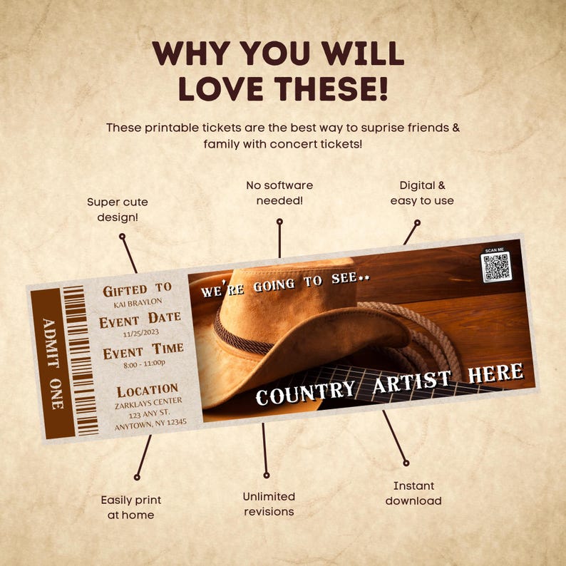 Country Concert Ticket Template | Editable Western Concert Ticket Gift ...