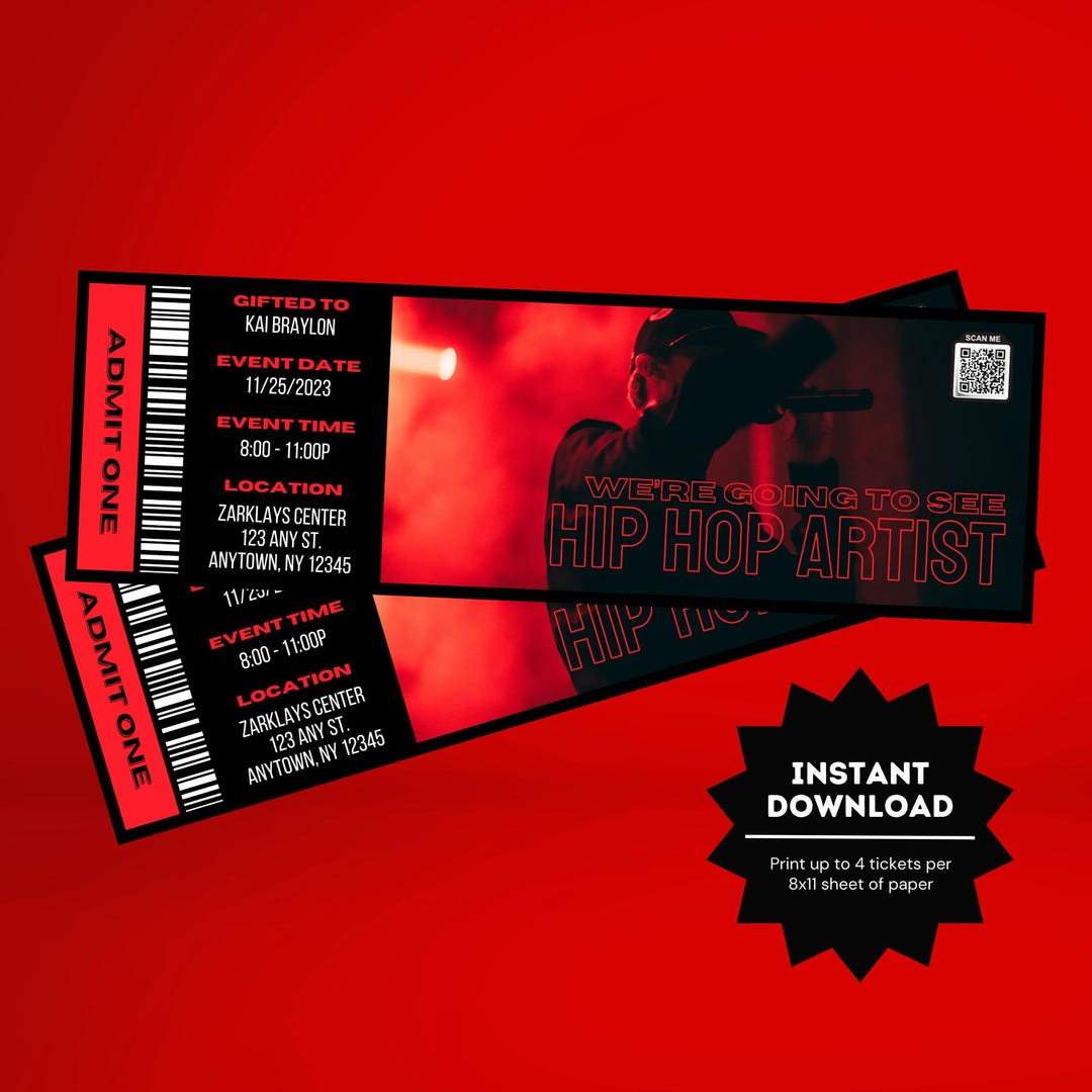 Red Hip Hop Concert Ticket Template | Editable Rap Concert Ticket ...