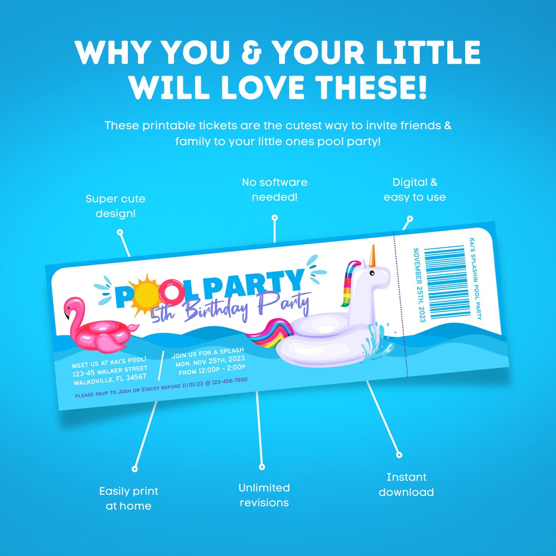 Unicorn Pool Party Birthday Ticket Invitation Pool Party Invite Pool ...
