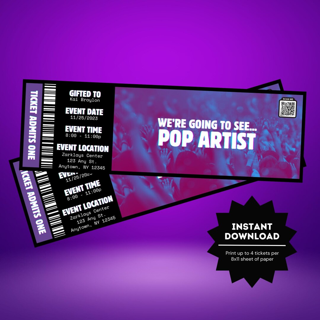 Pop Concert Ticket Template | Editable Concert Ticket Gift | Printable ...