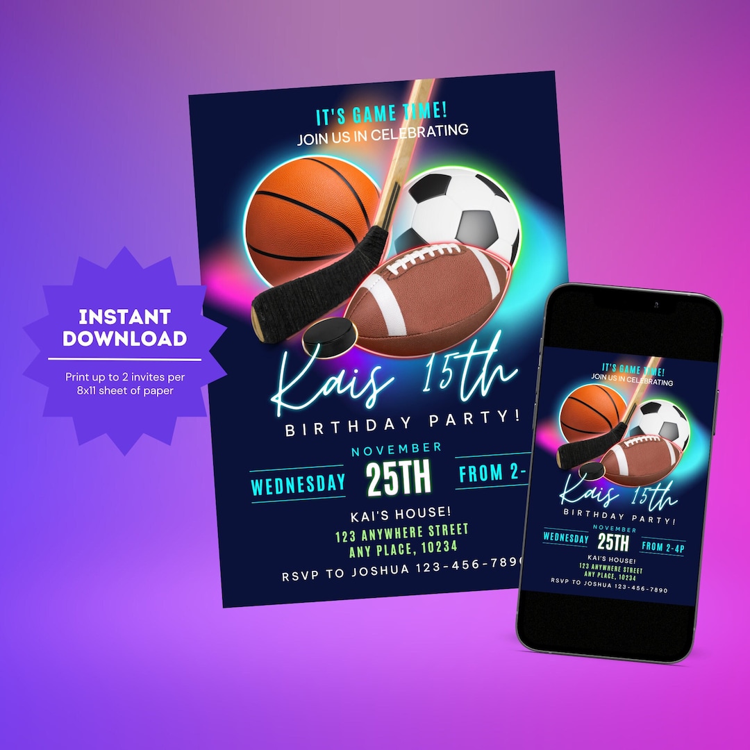 Sports Birthday Invitation | All Star Sports Party Invitation | Sports ...