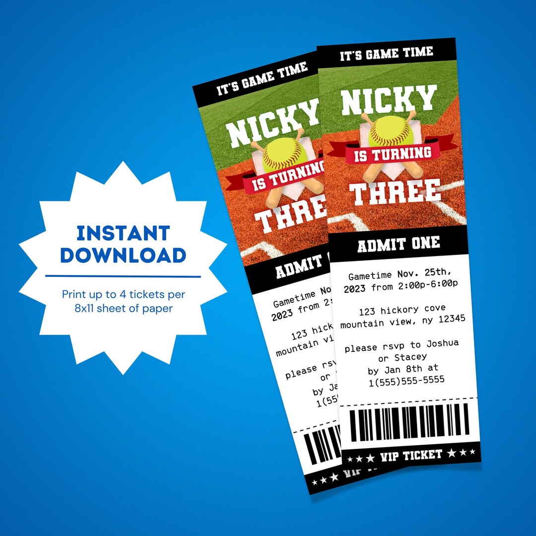 Softball Birthday Invitation | Softball Ticket Invite | Softball Themed ...