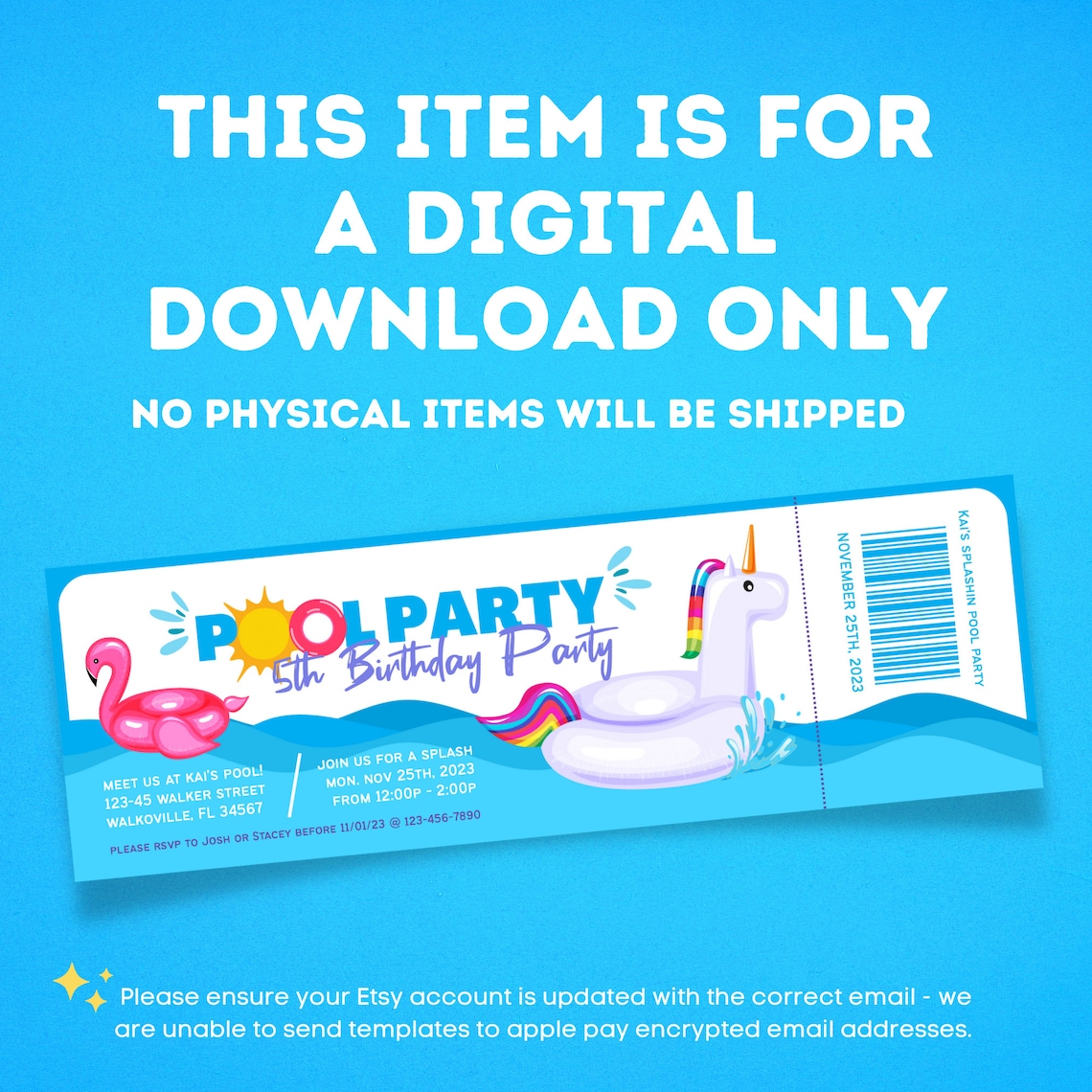 Unicorn Pool Party Birthday Ticket Invitation Pool Party Invite Pool ...
