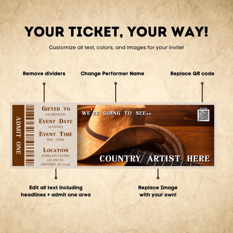 Country Concert Ticket Template | Editable Western Concert Ticket Gift ...