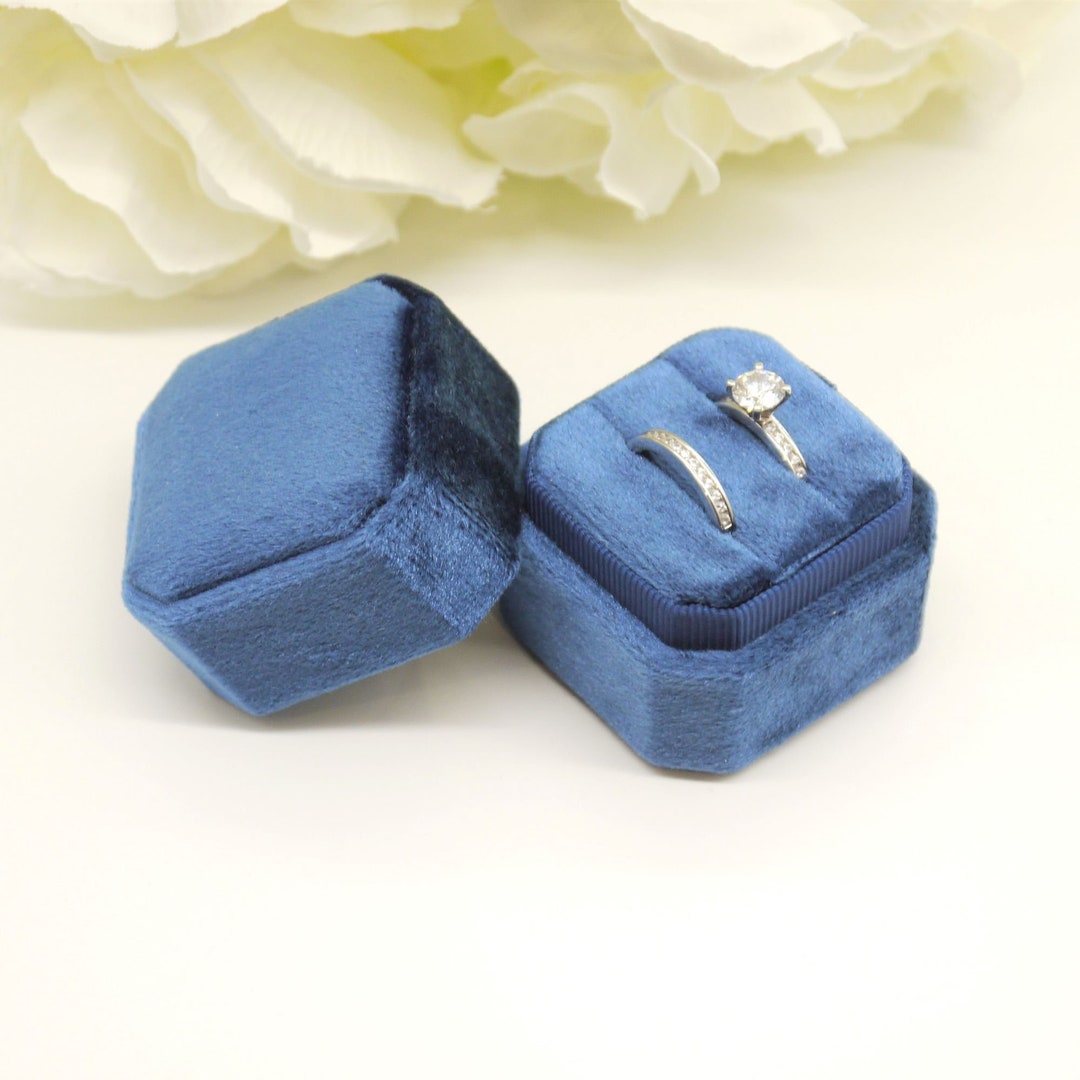 Royal Blue Velvet Double Ring Box: Square Octagon Wedding Ring Bearer ...