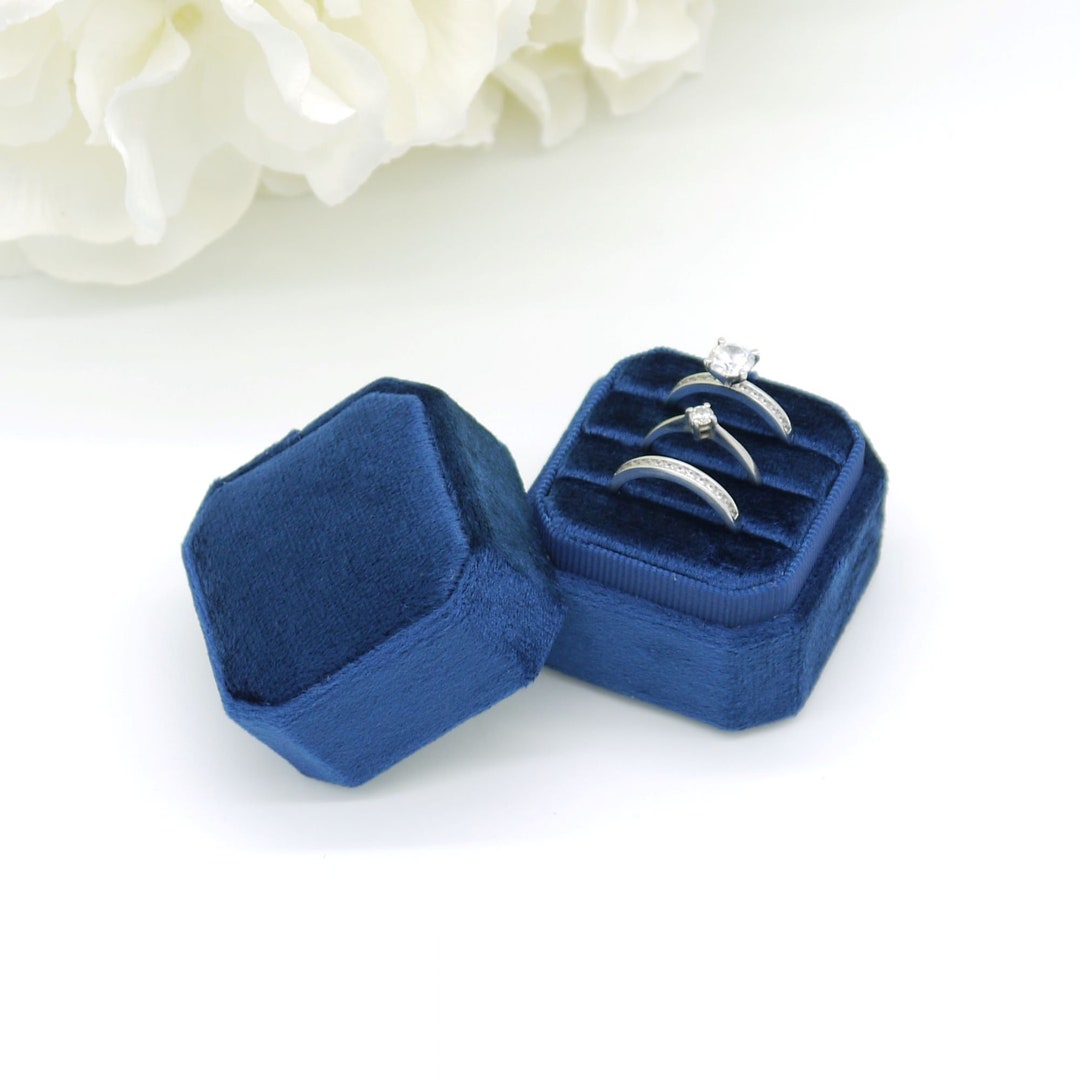 Royal Blue Velvet Triple Ring Box: Square Octagon Wedding Ring Bearer ...