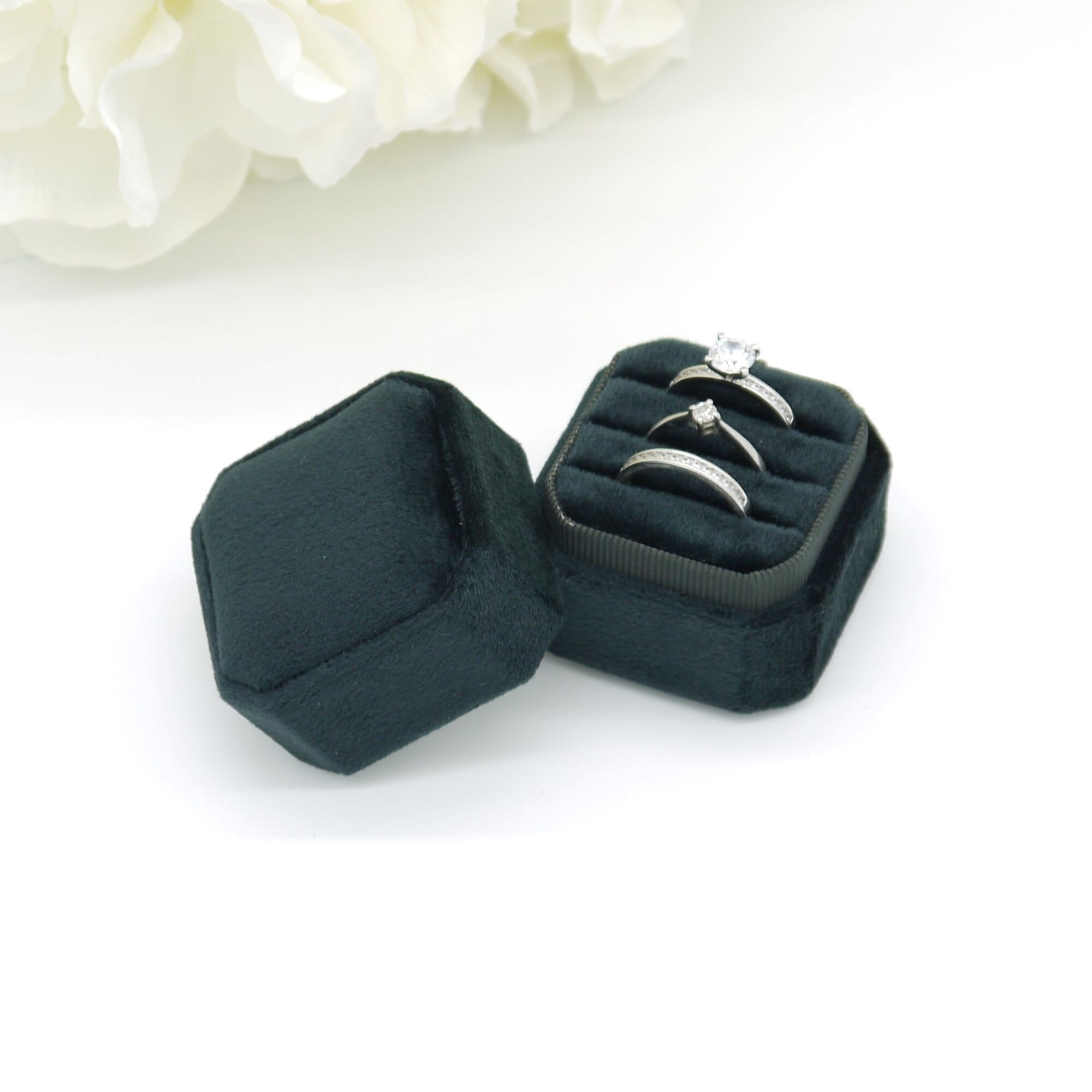 Square Octagon Triple Velvet Ring Box Black Wedding Ring | Etsy