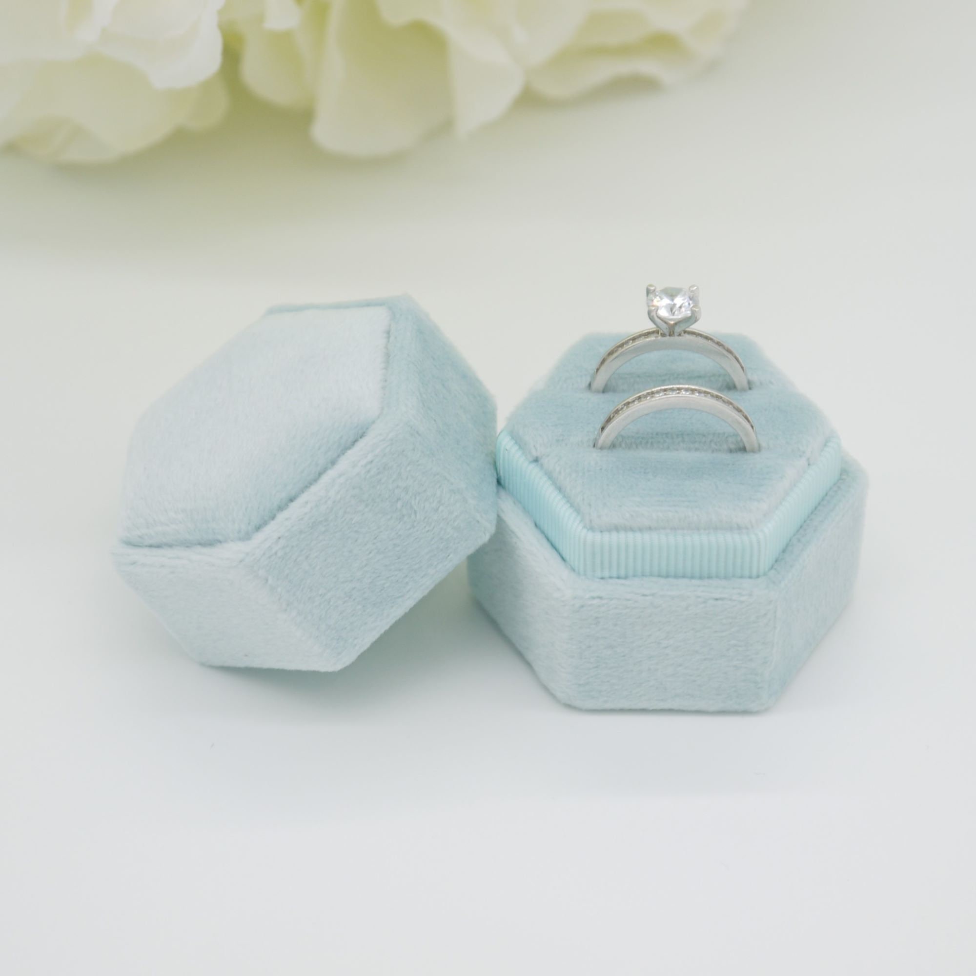 Hexagon Double Velvet Ring Box Pale Blue Wedding Ring Box - Etsy UK