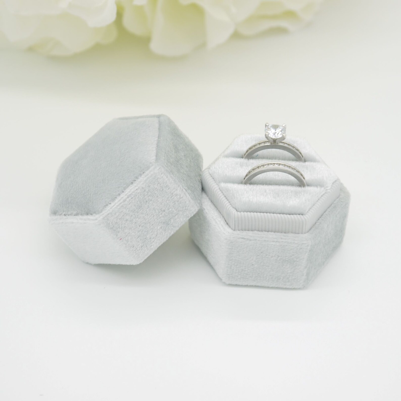Hexagon Velvet Double Ring Box Light Grey - Wedding Ring Box ...