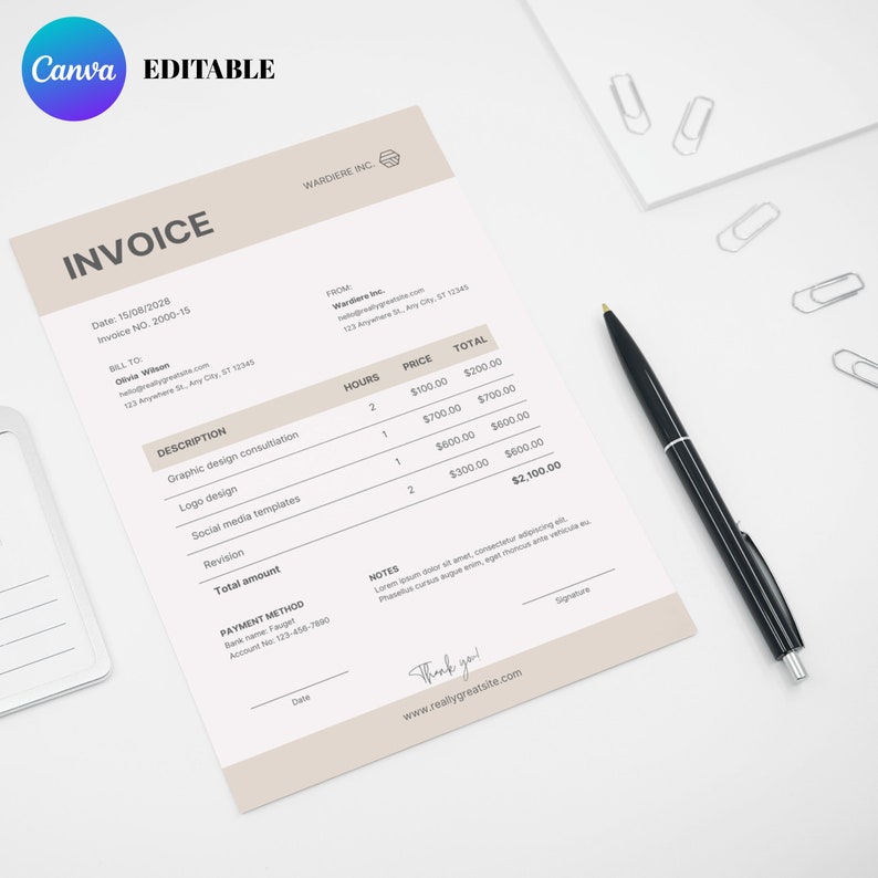 Invoice Template Editable, Small Business Custom Order Form Printable ...