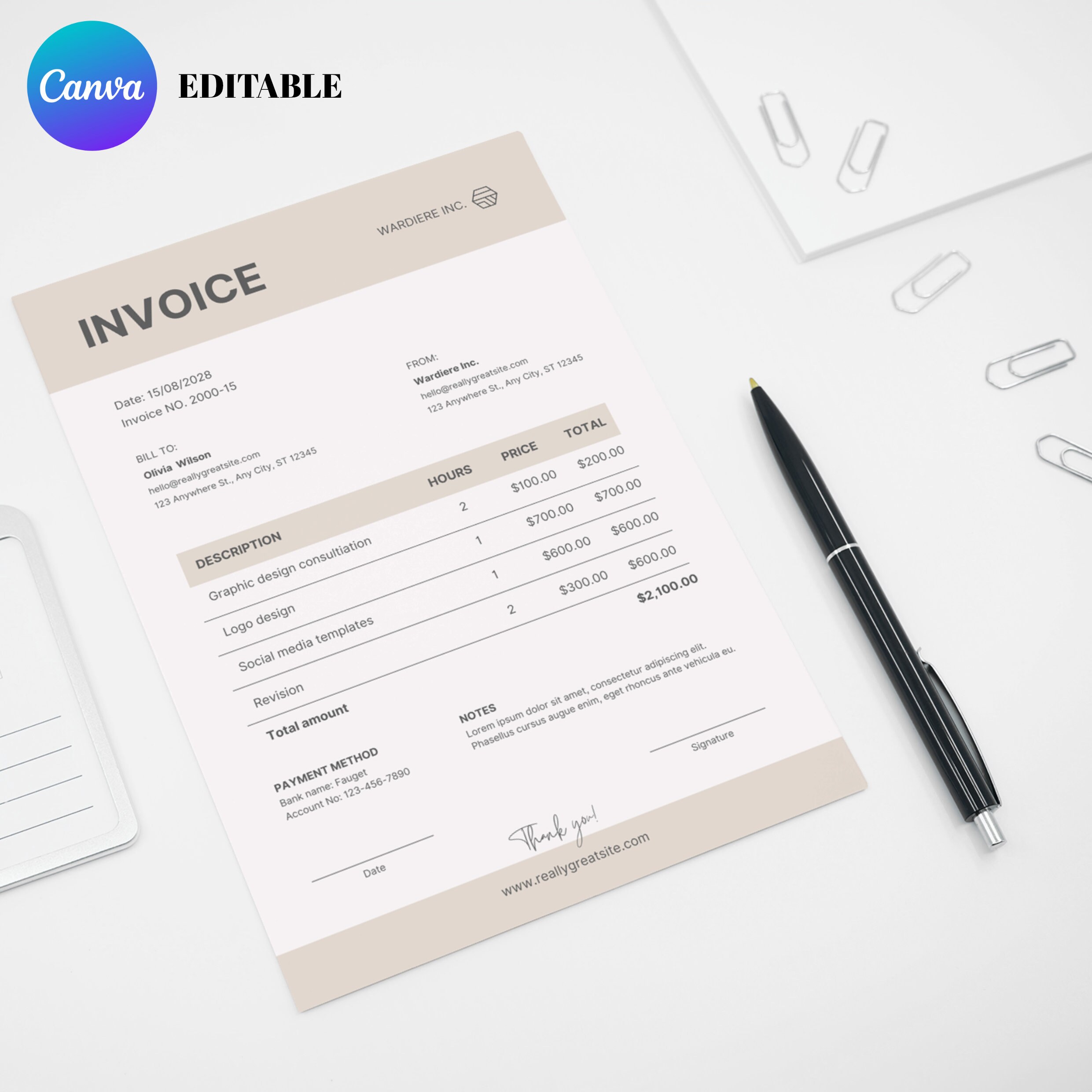 Invoice Template Editable, Small Business Custom Order Form Printable ...