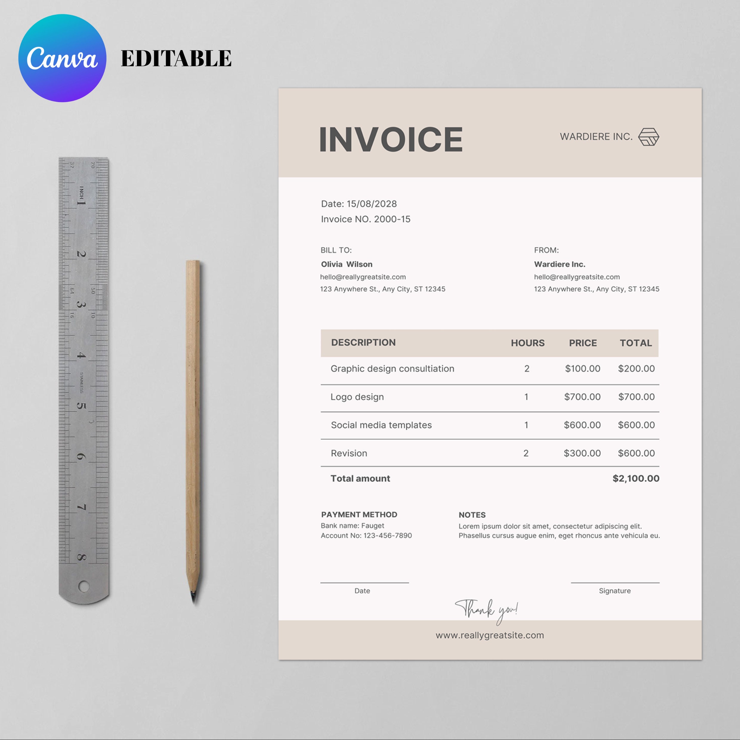 Invoice Template Editable, Small Business Custom Order Form Printable ...