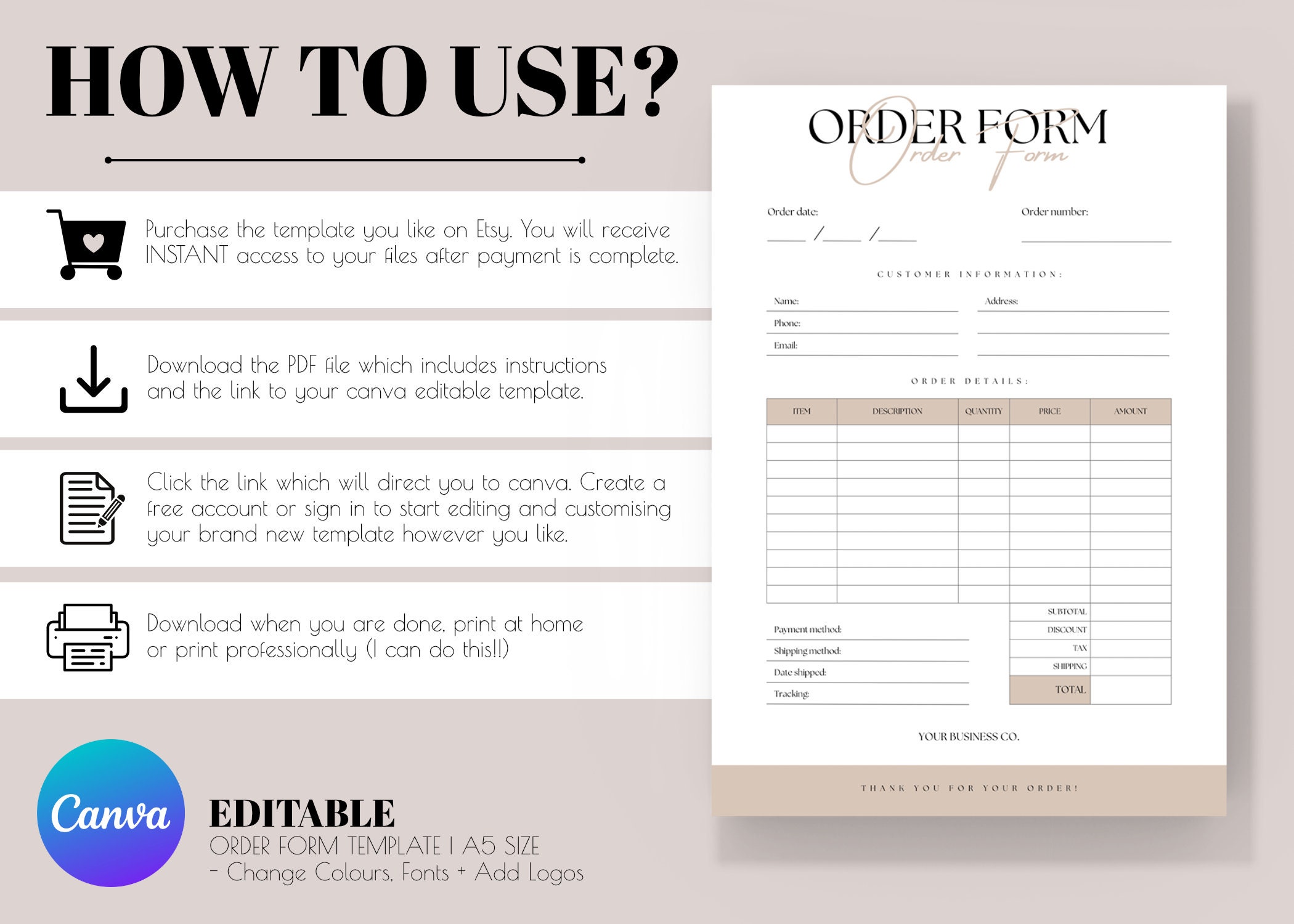 Editable Canva Order Form Template for Small Business Printable Craft ...
