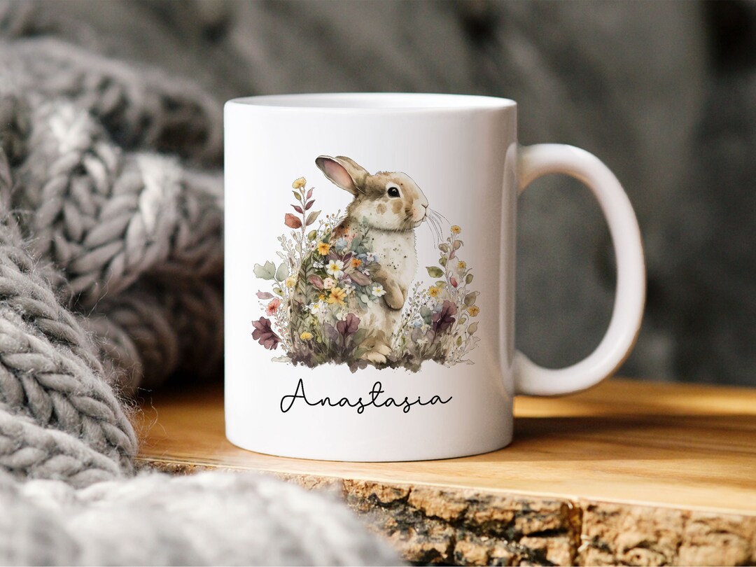 Easter Mug, Easter Gift Idea, Personalized Mug, Bunny Rabbit & Flowers ...