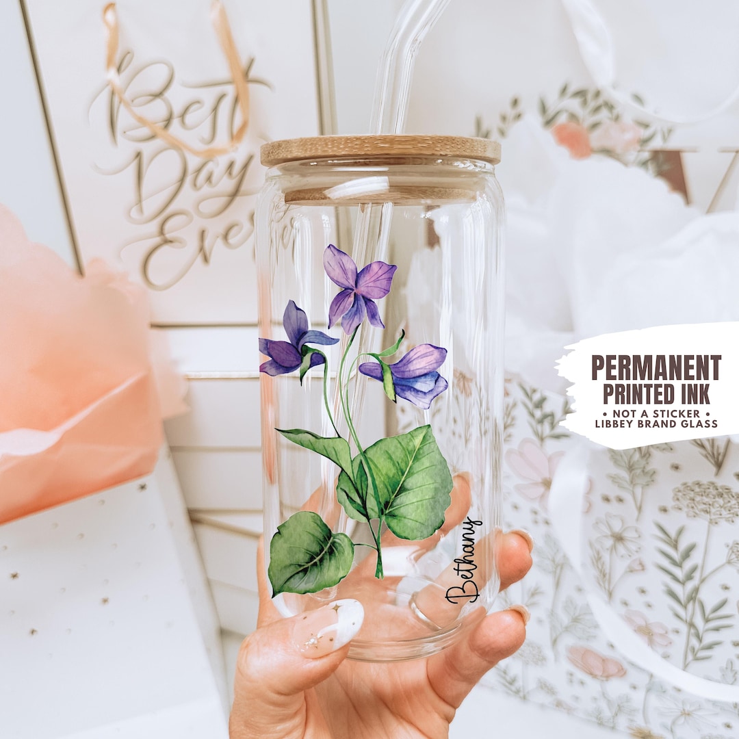 February Birth Flower Clear Glass Mug, Watercolor Violet, Floral ...