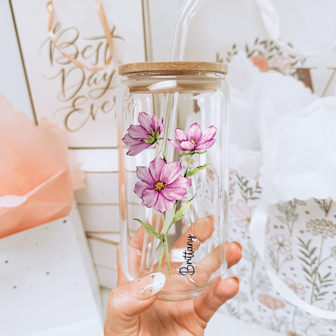 October Birth Flower Clear Glass Mug, Watercolor Cosmos, Floral ...