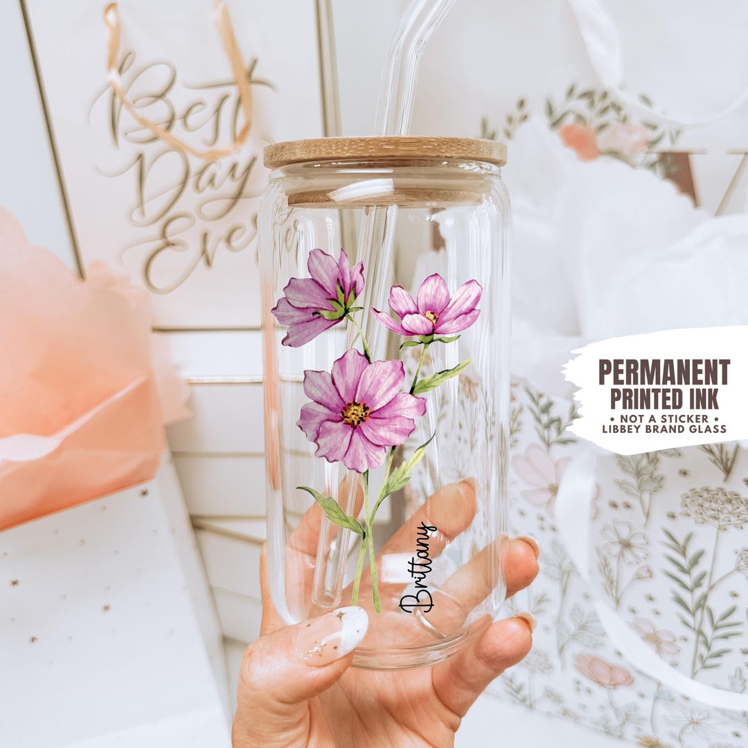October Birth Flower Clear Glass Mug, Watercolor Cosmos, Floral ...