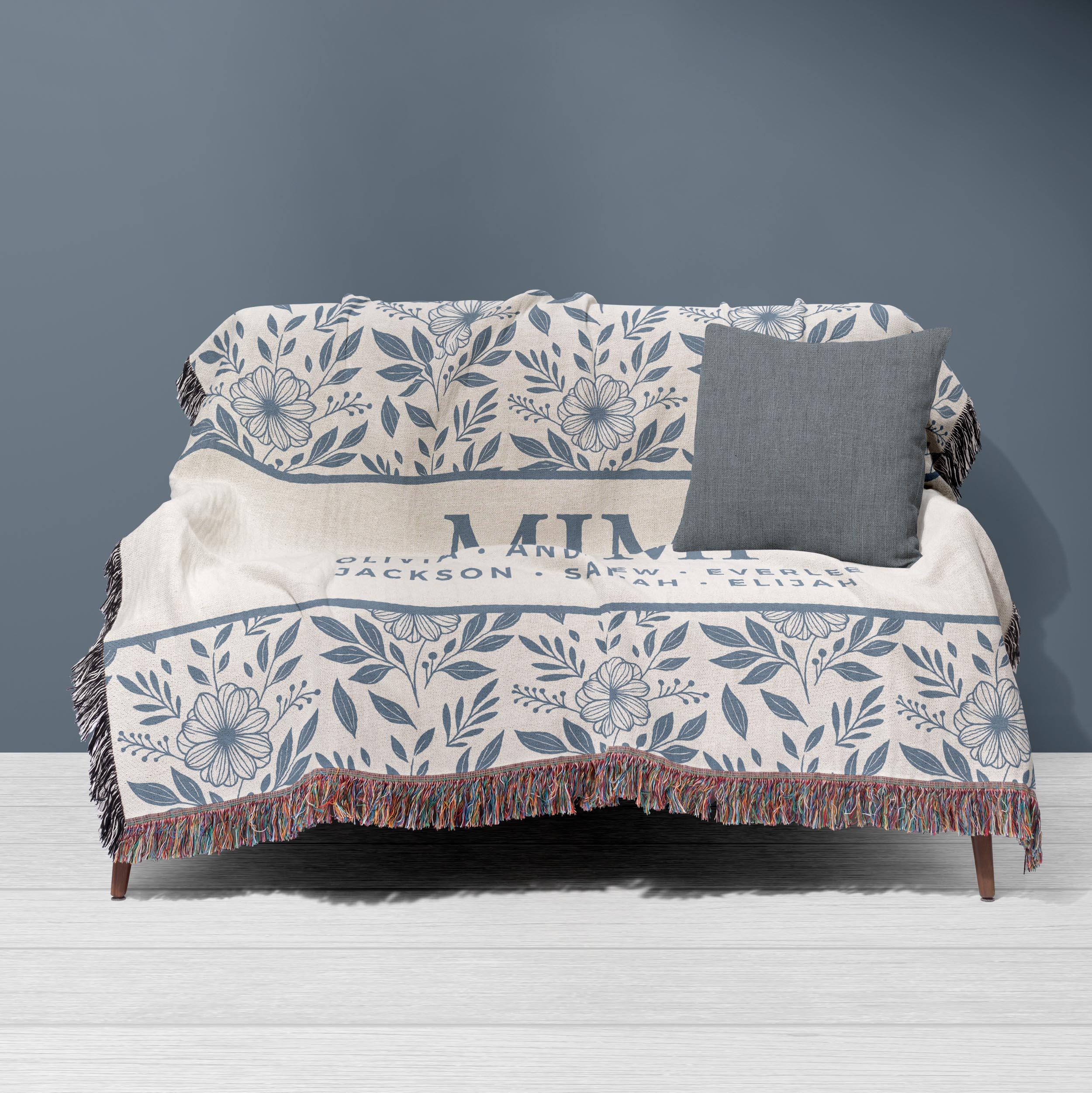 MIMI Woven Jacquard Blanket Grandchildren's Names, Custom Blue Throw ...