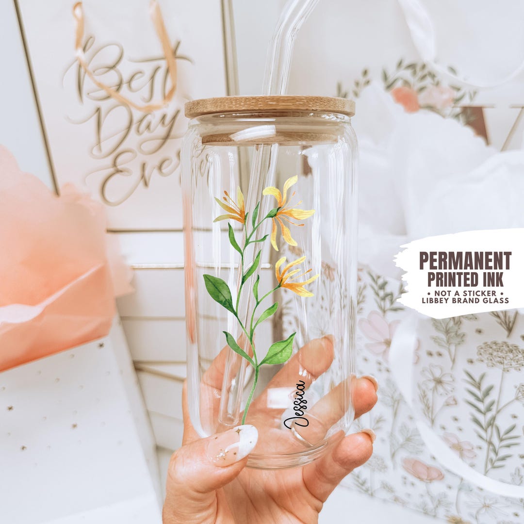 June Birth Flower Clear Glass Mug, Watercolor Honeysuckle, Floral ...