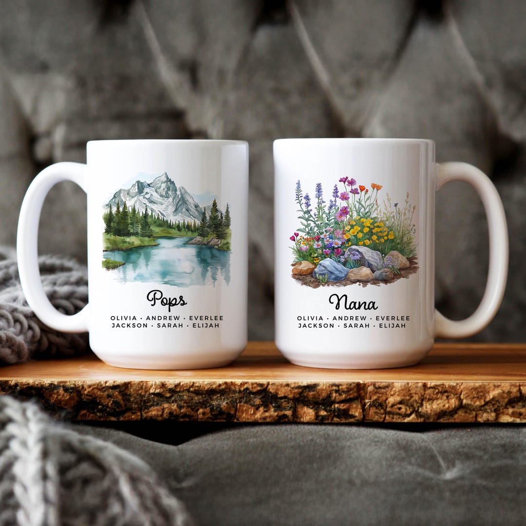 Nana & Pops Custom Grandchild Name Mug, New Grandparent Mountains or ...