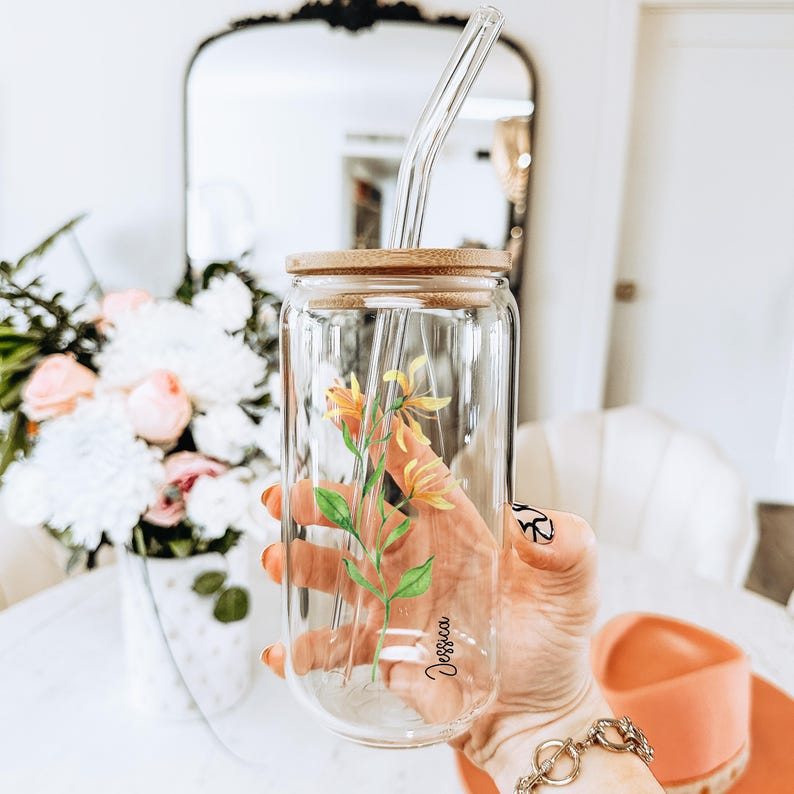 June Birth Flower Clear Glass Mug, Watercolor Honeysuckle, Floral ...