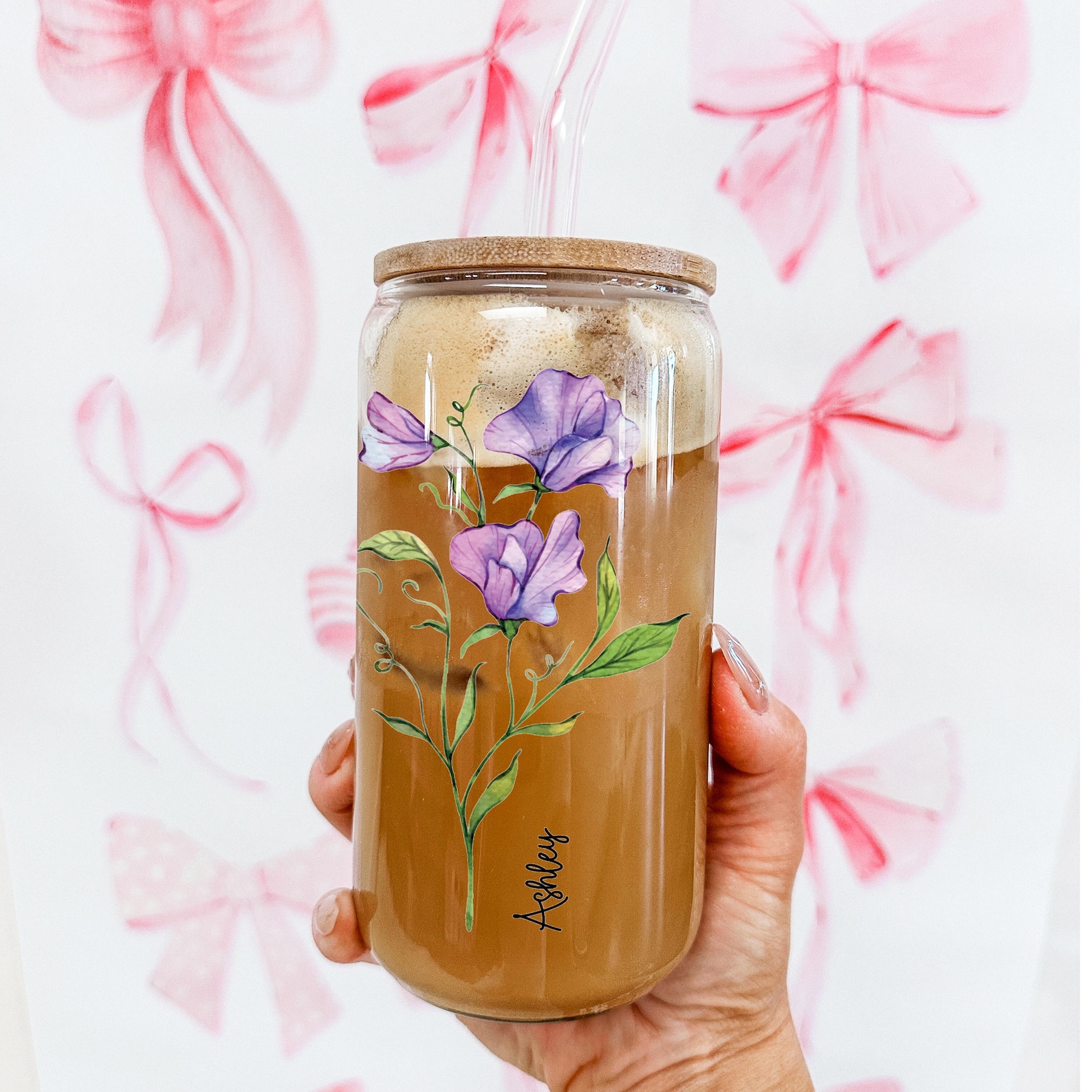 April Birth Flower Clear Glass Mug, Watercolor Sweet Pea, Floral ...