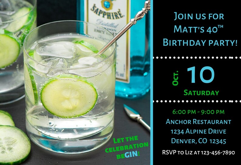 Gin and Tonic Birthday Party Invitation, Adult Liquor Theme (printable ...