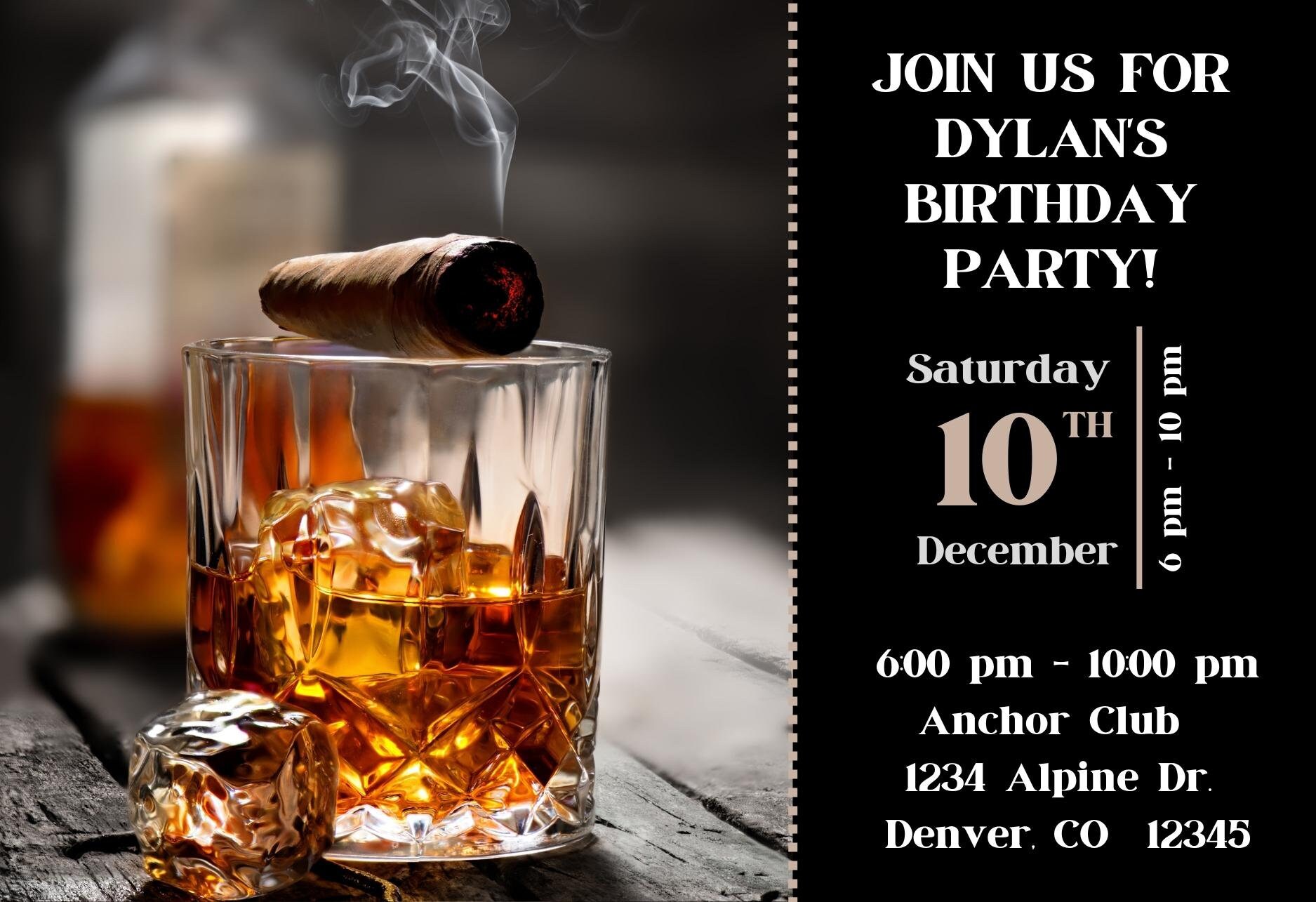 Adult Birthday Party Invitation Guys Night Out Whiskey Cognac Cigar
