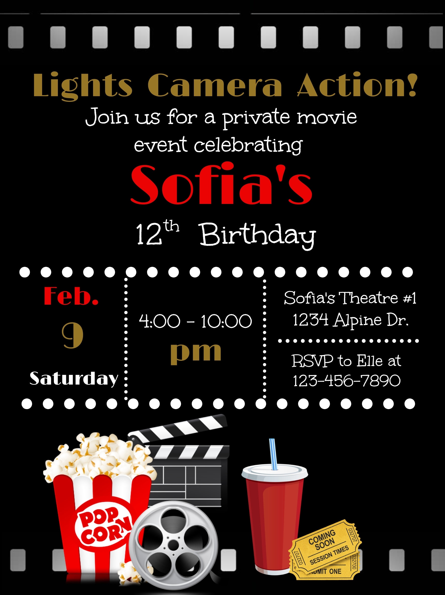 Digital Movie Birthday Party Invitation, Movie Theatre, Movie Night ...