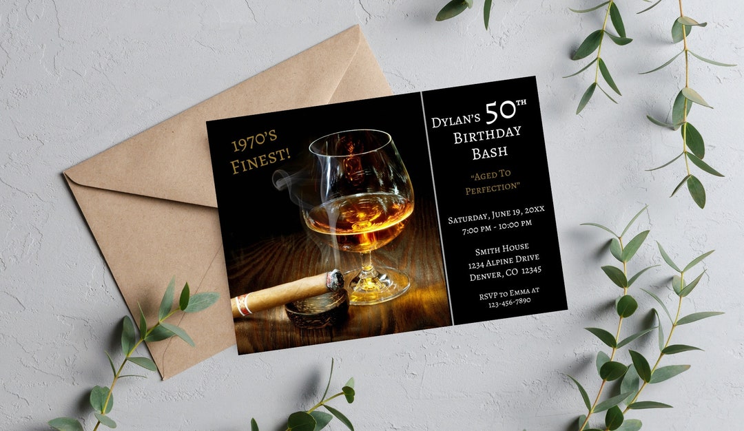 Adult Birthday Party Invitation, Guys Night Out, Whiskey, Cognac, Cigar ...