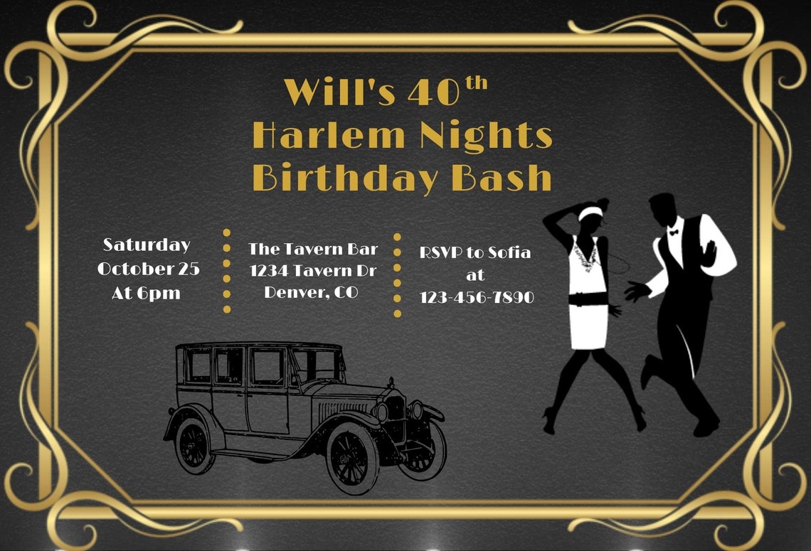 Digital Harlem Nights Invitation, Birthday Invitation, Roaring 20s ...