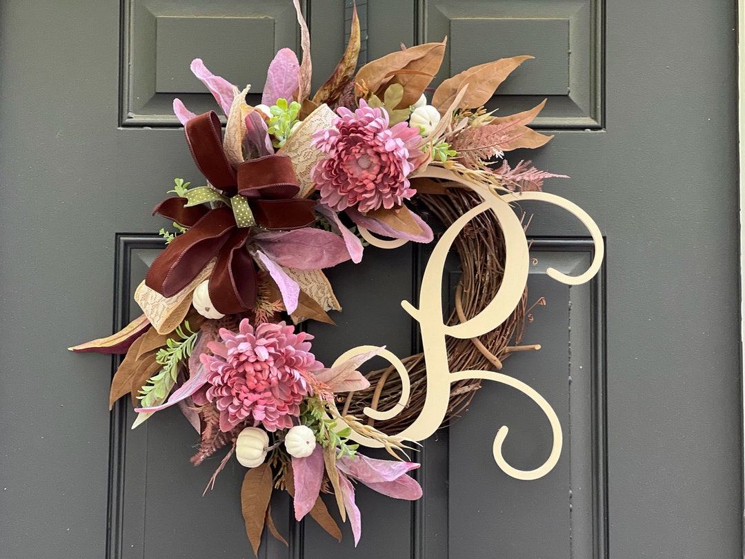 Custom Floral Fall Monogram Wreath for Your Front Door, Personalized ...