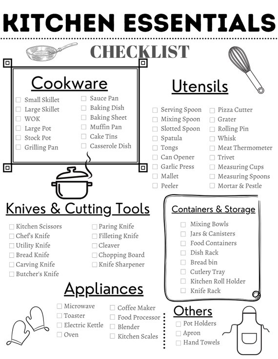 First Kitchen Essentials Checklist Checklist Of Kitchen Essentials