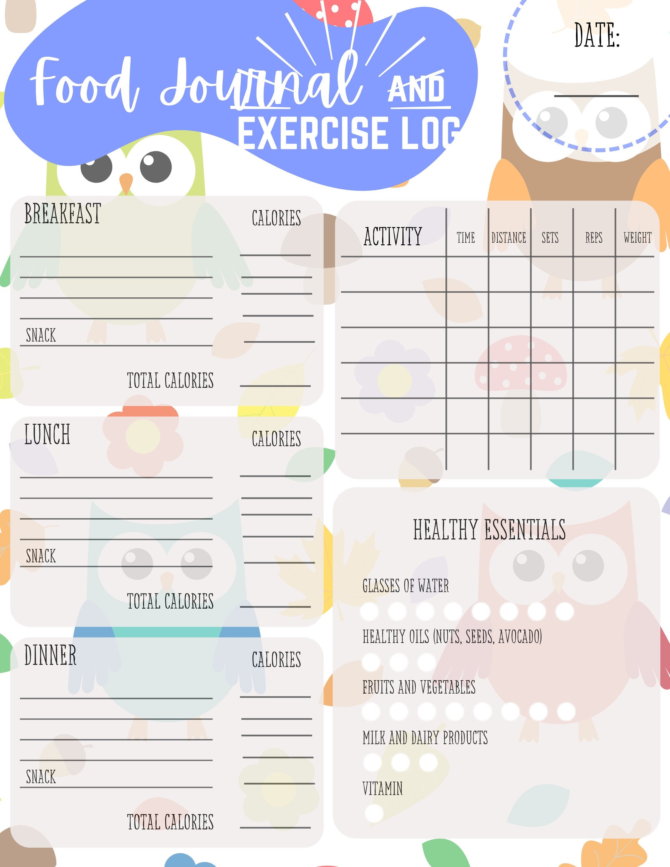 Printable Food Journal and Exercise Log - Etsy