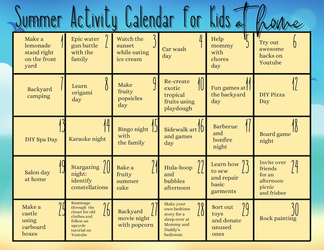 Summer Activity Calendar for Kids (at Home) - Etsy