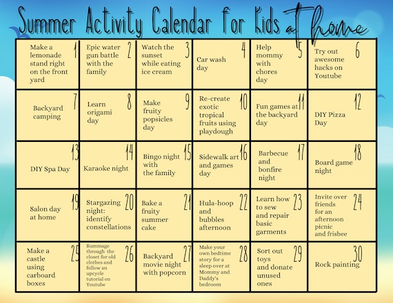 Summer Activity Calendar for Kids at Home - Etsy