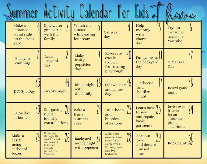 Summer Activity Calendar for Kids at Home - Etsy