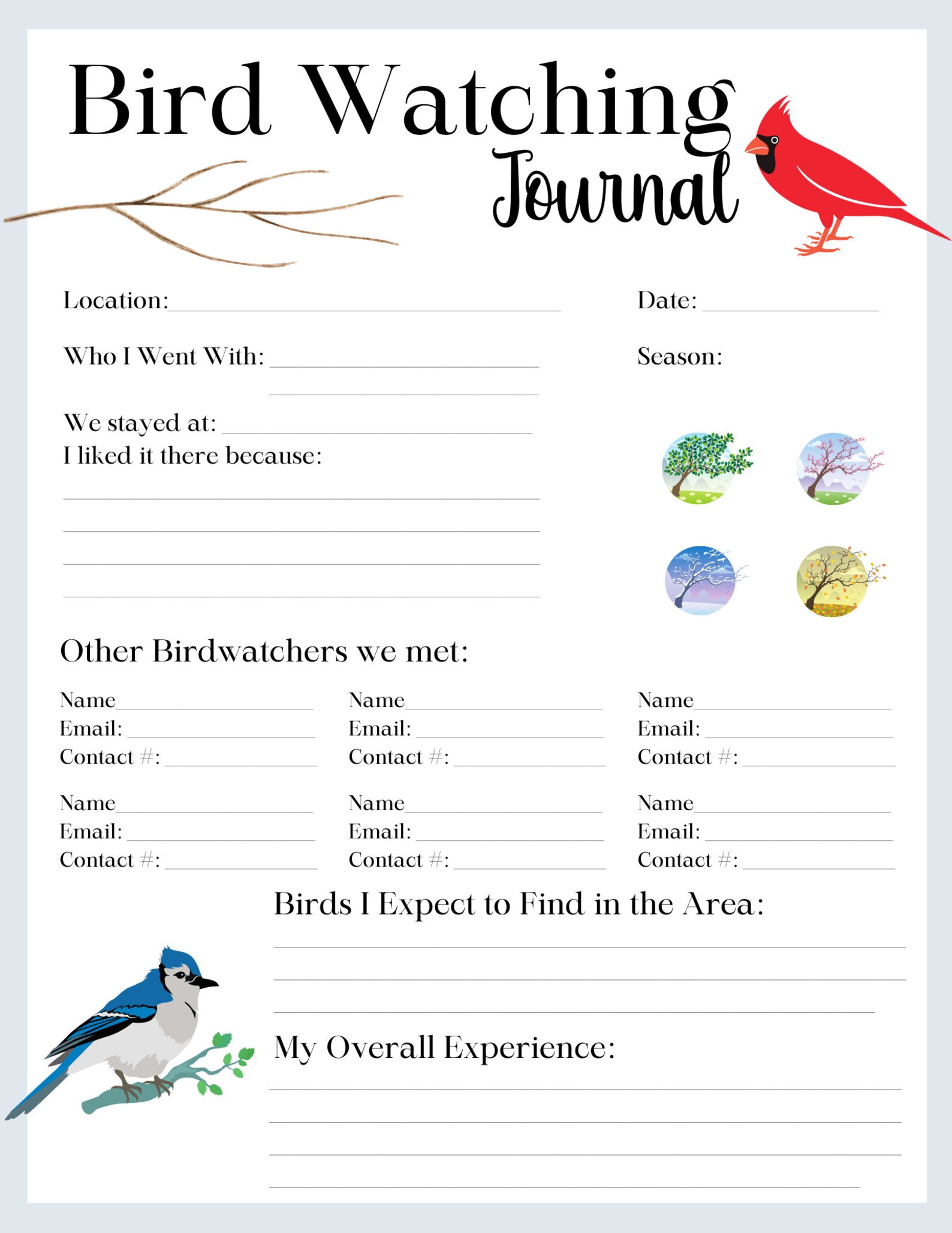 Bird Watching Journal & Log | 4 Page Bird Watching Kit | Bird Journal ...