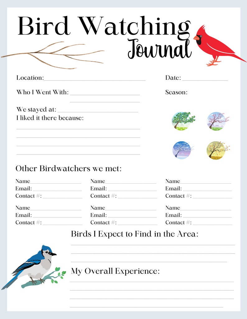 Bird Watching Journal & Log | 4 Page Bird Watching Kit | Bird Journal ...