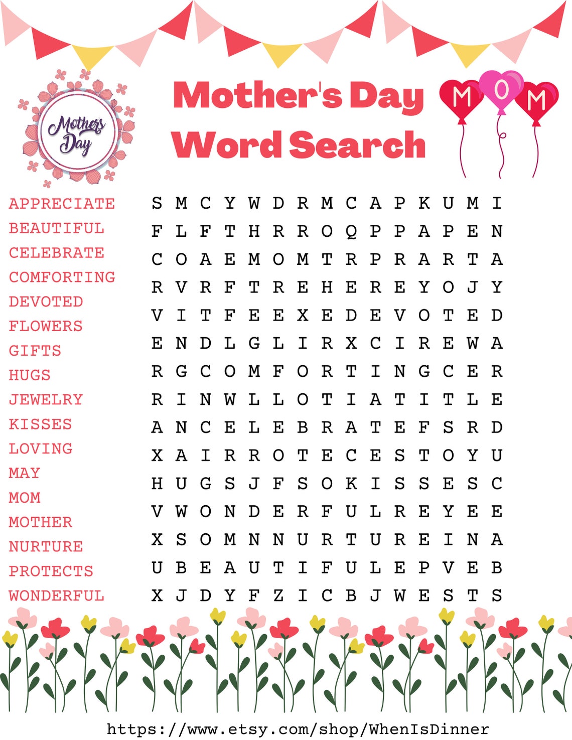 Mother's Day Word Search - Etsy
