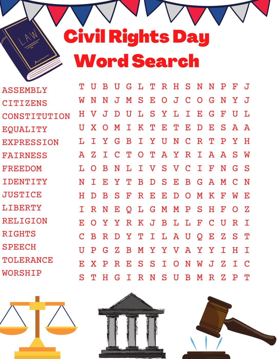 National Civil Rights Day Word Search - Etsy