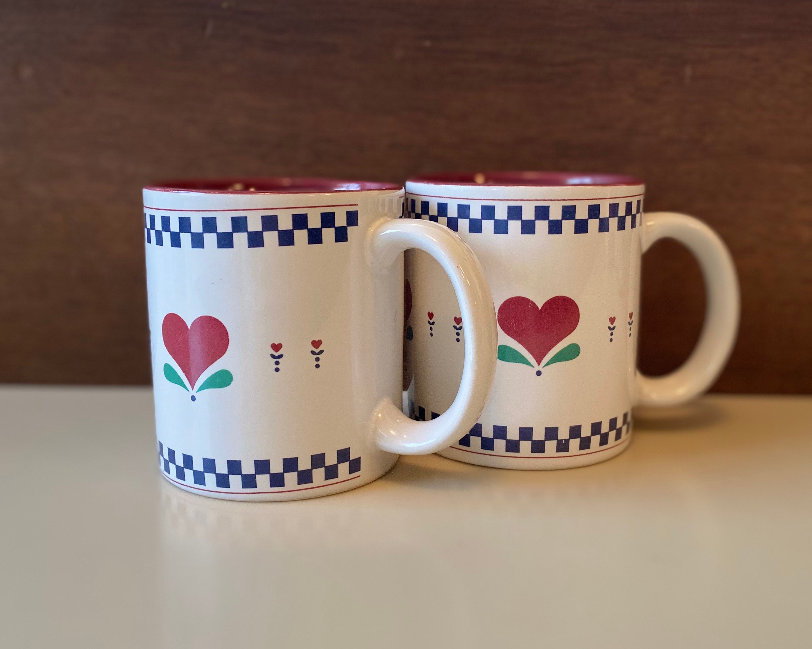 Set of 2 Vintage 1990s Mugs With Hearts and Flowers Checkered Border ...